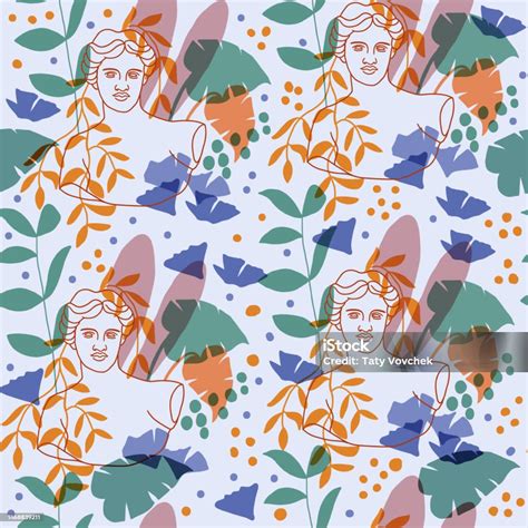 그리스 조각품과 매끄러운 패턴입니다 여성 얼굴 세련 된 화려한 배경입니다 팝 아트 현대 고대 벡터 그림 개념에 대한 스톡 벡터 아트 및 기타 이미지 Istock