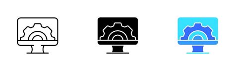 기어 라인 아이콘이 있는 컴퓨터 모니터 설정 제어판 조정 노트북 구성 개인 서비스 센터 설치 선에 있는 벡터 아이콘 흰색 배경에 검은색과 화려한 스타일 고대의에 대한 스톡