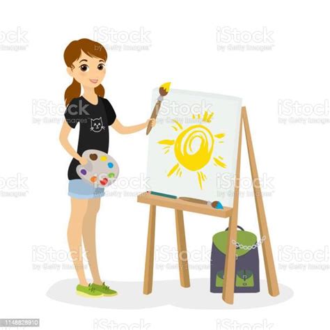 팔레트와 브러시로 행복 한 소녀 만화 이 젤 백인 여성 예술가 공예에 대한 스톡 벡터 아트 및 기타 이미지 공예 교육