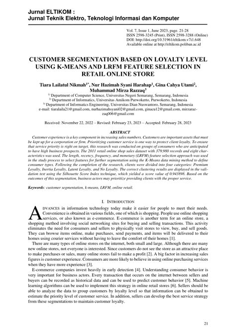 Pdf Customer Segmentation Based On Loyalty Level Using K Means And Lrfm Feature Selection In