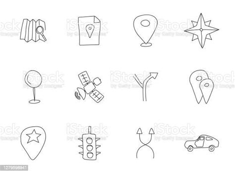 흰색 배경에 격리된 탐색 손 그린 선형 벡터 아이콘입니다 웹 및 Ui 디자인 모바일 앱 및 인쇄 제품을 위한 탐색 낙서 아이콘 세트 낙서 드로잉에 대한 스톡 벡터 아트 및