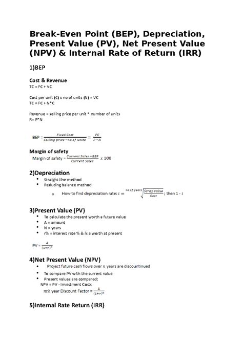 Break Even Point Bep Depreciation Pv Npv And Irr Break Even Point Bep Depreciation