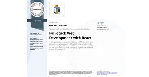 Successfully Completed Full Stack Web Development Specialization With Reactjs Mern Stack From