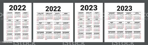 캘린더 2022 및 2023 영어 벡터 세트 수직 및 사각형 벽 또는 포켓 캘린더 템플릿 디자인 컬렉션 새해 일요일부터 시작되는