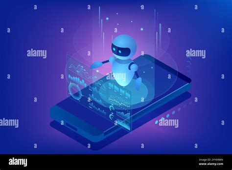 Isometric Ai Chatbot Robot Interacting With Holographic Data Dashboards Above A Smartphone Neon