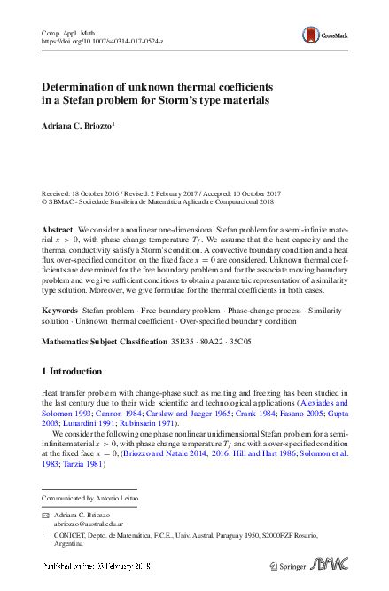 Pdf Determination Of Unknown Thermal Coefficients For Storms Type Materials Through A Phase