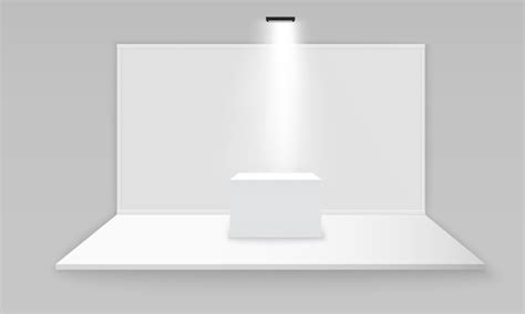 흰색 빈 홍보 3d 전시회 부스 프레 젠 테이션을위한 현장 쇼 연단 회색 배경에 스포트 라이트로 프리젠 테이션을위한 흰색 빈 실내 전시 스탠드 삽화 프리미엄 벡터