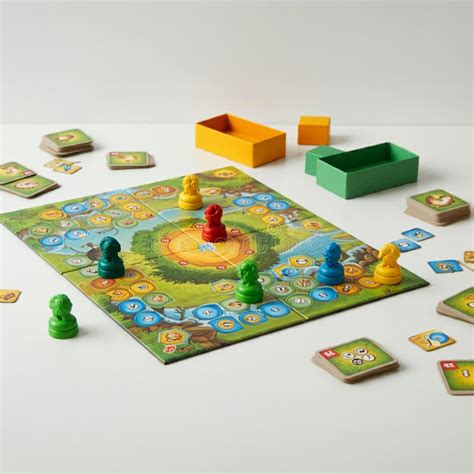 A Colorful Board Game Setup With A Square Board Featuring A Winding Path Of Stock Illustration