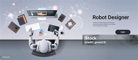 창조적 인 디자인 스튜디오 업무 공간 책상 사무실 물건 작업 프로세스 최고 각도 보기 인공 지능 기술 개념 수평에 앉아 로봇