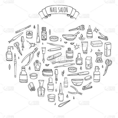 手绘涂鸦美甲沙龙图标集矢量插图美甲配件集合卡通各种素描修脚工具元素 指甲油瓶子刷子清漆