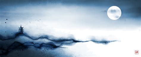 안개 낀 언덕에 탑 사원이 있는 스타일리시한 풍경은 단순한 미니멀리스트 스타일입니다 전통적인 동양 수묵화 Sumie Usin Gohua Hieroglyph Spirit 의