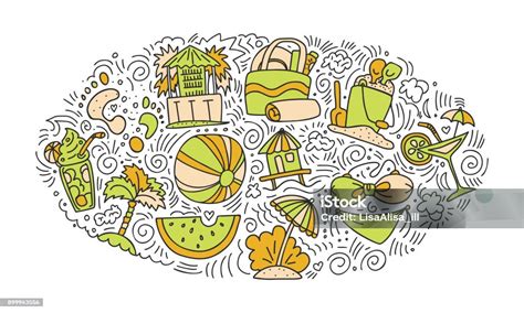 여름 및 비치 손 아이콘 개념을 그립니다 여행 만화 장식 요소와 타원 형태로 여름 아이콘 모음 코코넛 보트 모래 아이스크림 요소를 서핑 행복 한 여름 휴가 아이콘 개념