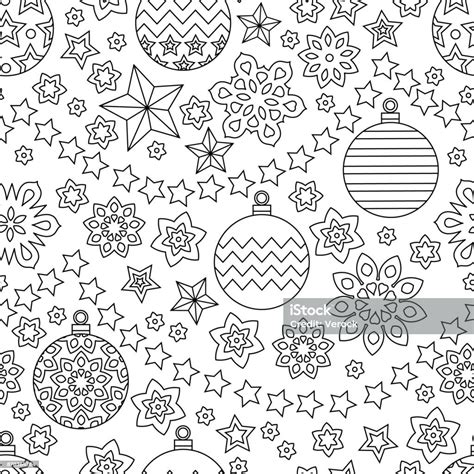 새 해 손으로 그려진된 개요 축제 원활한 패턴 눈송이와 크리스마스 공 흰색 배경에 고립 별입니다 성인에 대 한 Antistress 책을 착 색 드로잉에 대한 스톡 벡터 아트