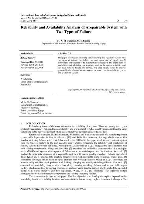 Pdf Reliability And Availability Analysis Of Arepairable System With