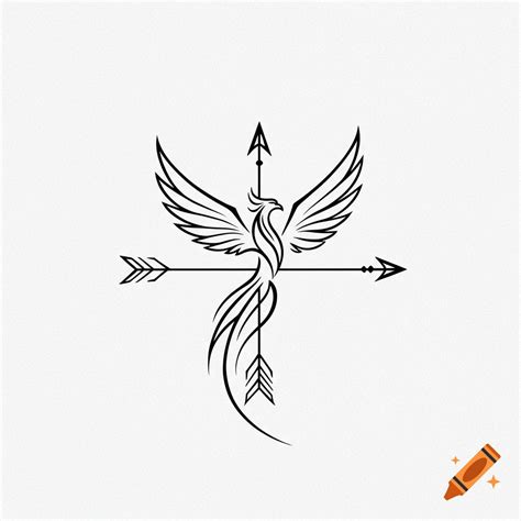 Minimalist Line Art Tattoo Design Of A Phoenix With Arrows On A White