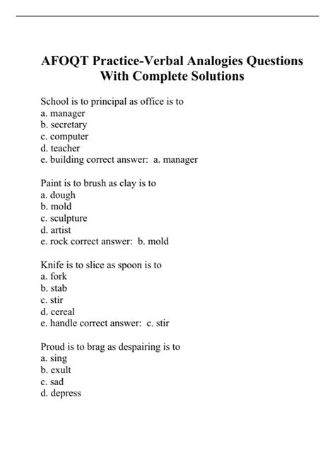 Afoqt Practice Verbal Analogies Questions With Complete Solutions Afoqt Stuvia Us