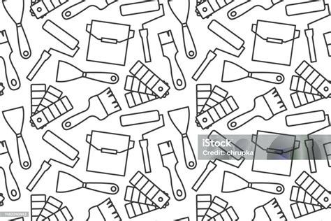 화가 데코레이터 브러시 페인트 캔 롤러 및 퍼티 나이프 색상 견본 아이콘이있는 원활한 패턴 공예칼에 대한 스톡 벡터 아트 및