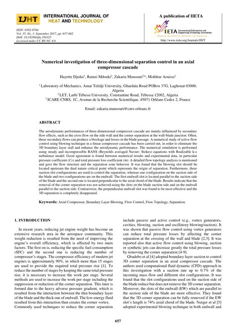 Pdf Numerical Investigation Of Three Dimensional Separation Control In An Axial Compressor Cascade