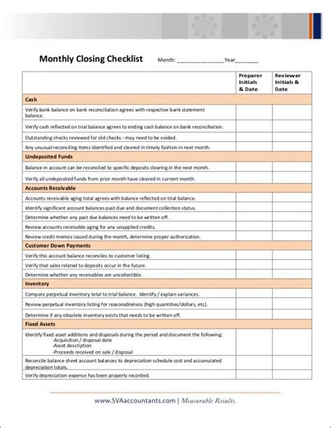 Accounting Month End Close Checklist Excel Template