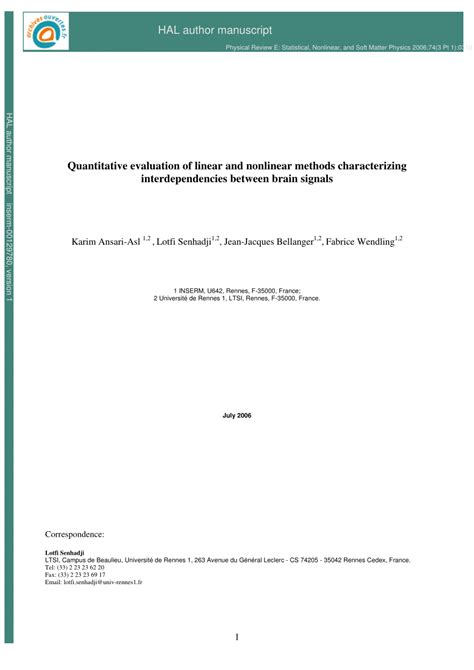 Pdf Quantitative Evaluation Of Linear And Nonlinear Methods Characterizing Interdependencies