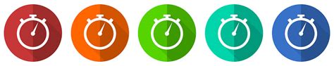 스톱워치 아이콘 세트 빨간색 파란색 녹색 및 주황색 평면 디자인 웹 버튼은 흰색 배경 벡터 일러스트레이션에 격리되어 있습니다