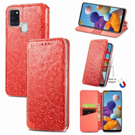 삼성 갤럭시 A21s 피 만돌라 양각 패턴 마그네틱 수평 플립 가죽 케이스 홀더 및 카드 슬롯 및 지갑 레드