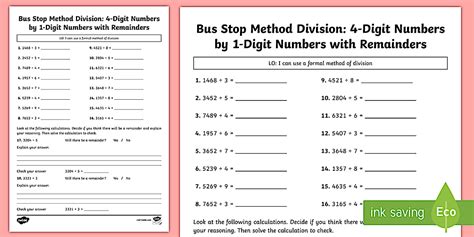 Editable Bus Stop Method Formal Division Of 4 Digit Numbers With Remainders
