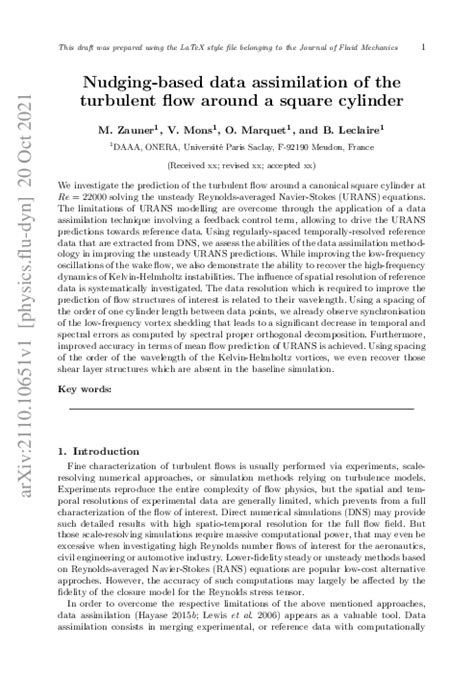 Pdf Nudging Based Data Assimilation Of The Turbulent Flow Around A Square Cylinder