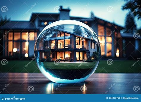 Glass Globe With Tiny Modern House Inside Near Big Real Cozy House With Lights In Windows In