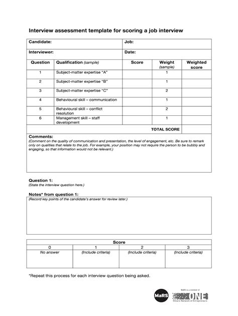 Fillable Online Interview Assessment Template For Scoring A Job Interview Fax Email Print