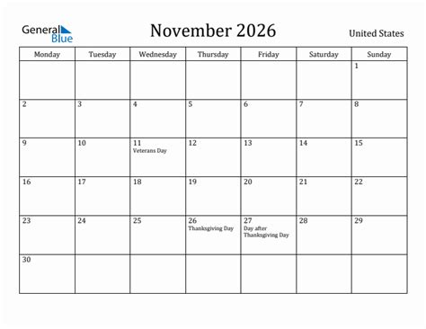 Printable November 2026 Monthly Calendar With Holidays For United