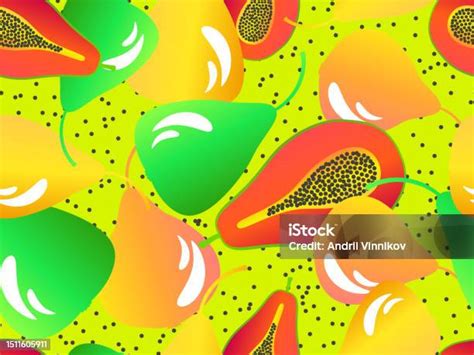 파파야와 배를 사용한 매끄러운 패턴 여름 이국적인 과일은 배와 파파야를 3d 스타일의 그라데이션 색상과 혼합합니다 배너 포스터 및 홍보 자료를 디자인합니다 벡터 그림 0명에