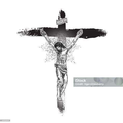 예수 잉크 브러시로 칠한 십자가에 하나님의 아들이 예수 그리스도를 골고다 산에서 모시고 있습니다 손으로 그린 예술 스케치 벡터