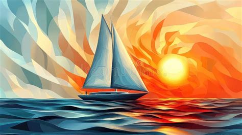Stylized Sailboat On Water With Sun In Background Featuring Abstract And Artistic Design