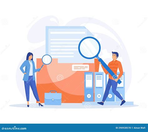 File Manager Data Storage And Indexing Workers Searching File Employee Uses Magnifying Glass