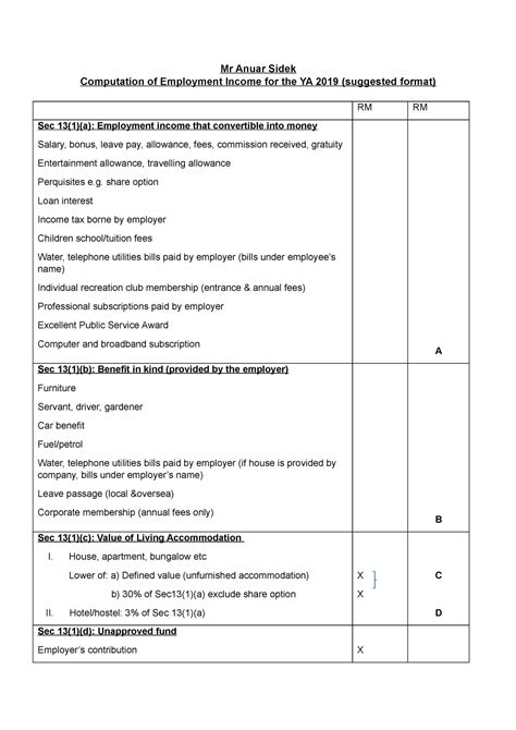 Format Employment Income Mr Anuar Sidek Computation Of