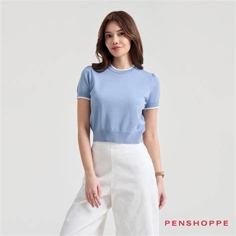Penshoppe Relaxed Fit Flat Knit Top With Puff Sleeves Off Whiteblue Stone Shopee Philippines