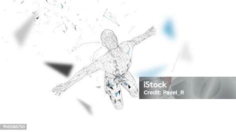 개념적 추상 남자입니다 흰색 바탕에 입자 삼각형 점 라인 연결 인공 지능 개념입니다 첨단 기술 벡터 디지털 배경입니다 3d 렌더링 벡터 일러스트 레이 션 사람들에 대한 스톡