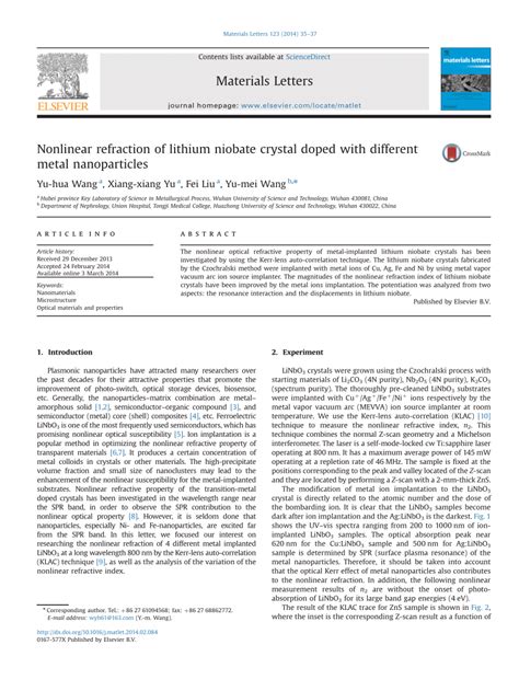 Pdf Nonlinear Refraction Of Lithium Niobate Crystal Doped With Different Metal Nanoparticles