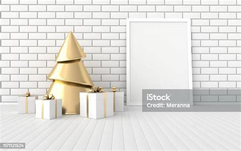 새해 축 하 인테리어 배경입니다 황금 과자 나무 포스터 프레임 선물 상자 새해와 크리스마스 배너에 대한 현실적인 그림 3d 렌더링 0명에 대한 스톡 사진 및 기타 이미지