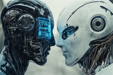 Artistic Depiction Of Two Humanoid Robots Facing Each Other Their Sleek