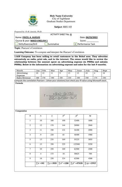 Inferential Statistics Pearsons Correlation Activity With Answers Holy Name University City