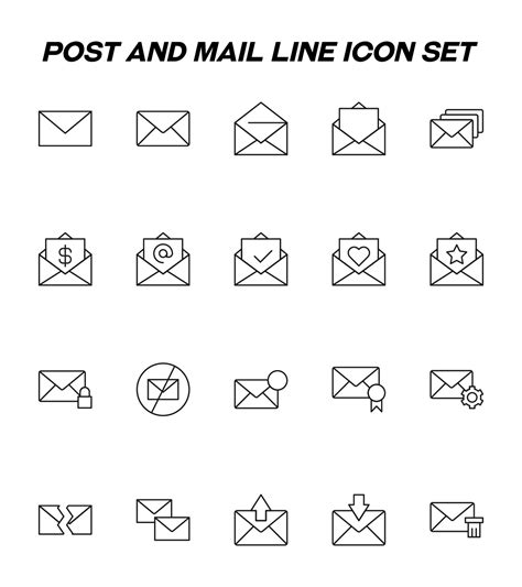 Post And Letter Monochrome Sign Outline Symbols Drawn With Black Thin Line Vector Icon Set