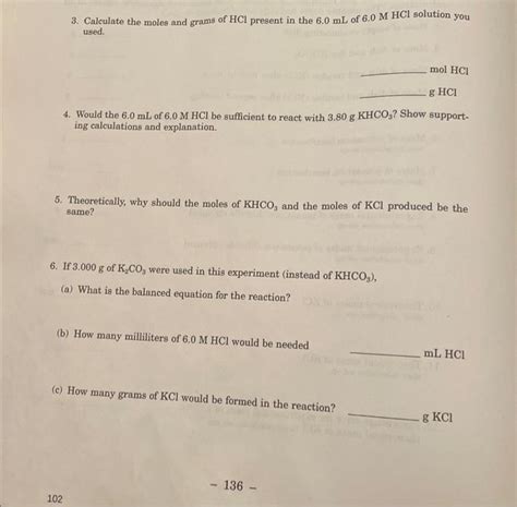 Solved Calculate The Moles And Grams Of HCl Present In Chegg Com