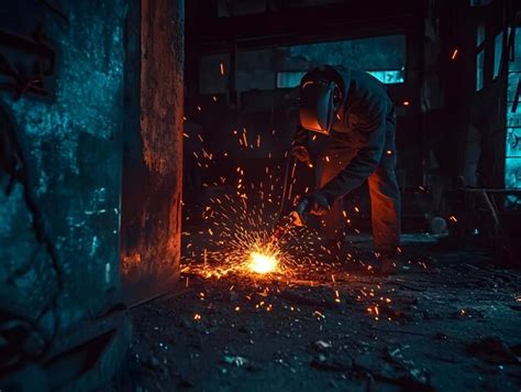 Cascading Sparks From Welding Torch In Rugged Artisan S Utilitarian Workshop With Moody