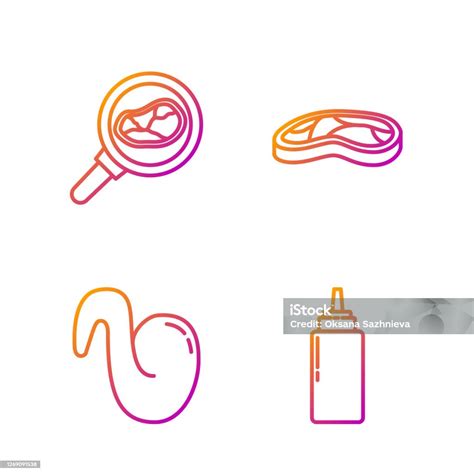 세트 라인 소스 병 프라이드 치킨 윙 프라이팬에 스테이크 고기와 스테이크 고기 그라데이션 색상 아이콘입니다 벡터 겨자에 대한