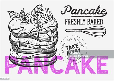 와플 팬케이크 빈티지 배경에 레스토랑에 대 한 크 레이프 그림 벡터 손으로 그린 음식 카페와 빵집에 대 한 디저트 아이콘 레터링으로 디자인 하 고 그래픽 과일을 낙서 낙서