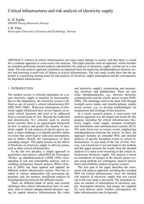 Pdf Critical Infrastructures And Risk Analysis Of Electricity Supply
