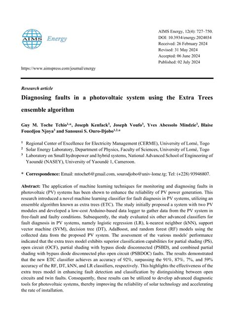 Pdf Diagnosing Faults In A Photovoltaic System Using The Extra Trees Ensemble Algorithm