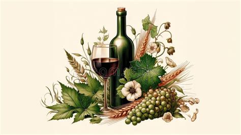 Wine Bottle And Glass Isolated Old Illustration For Restaurant Menu Generated Ai Stock